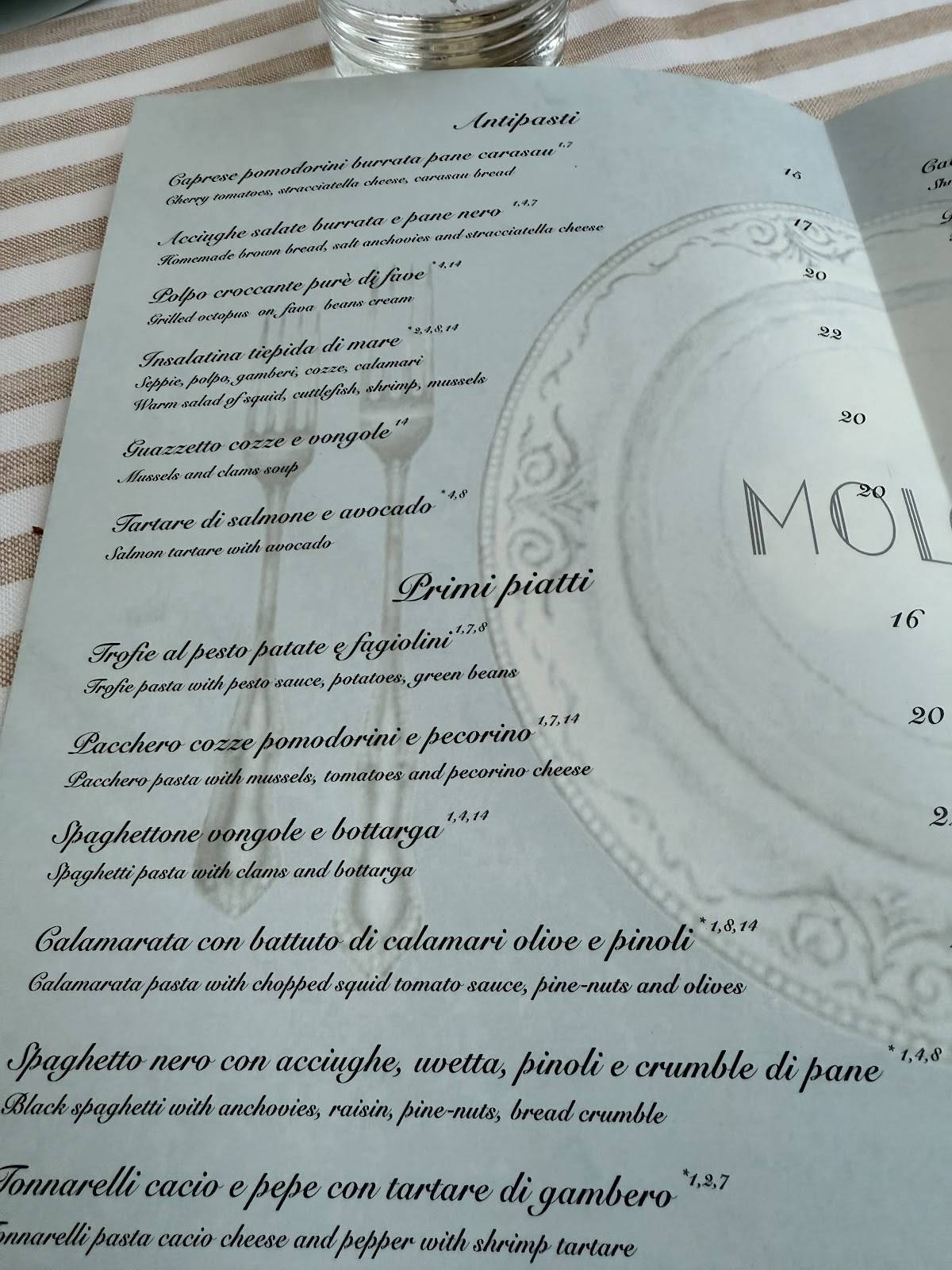 Menu at MOLO 10 restaurant, Santa Margherita Ligure