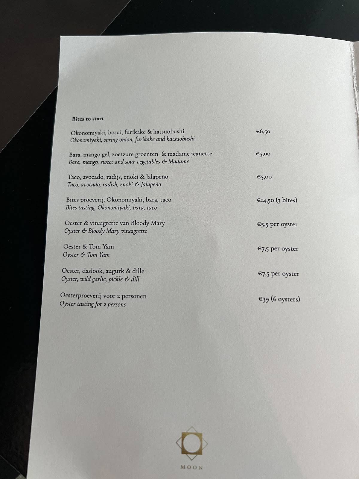 Carta de Restaurant Moon, Amsterdam