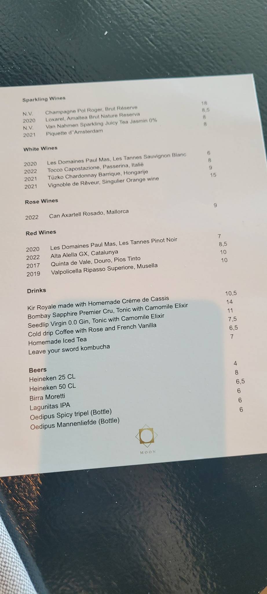 Menu at MOON, Amsterdam