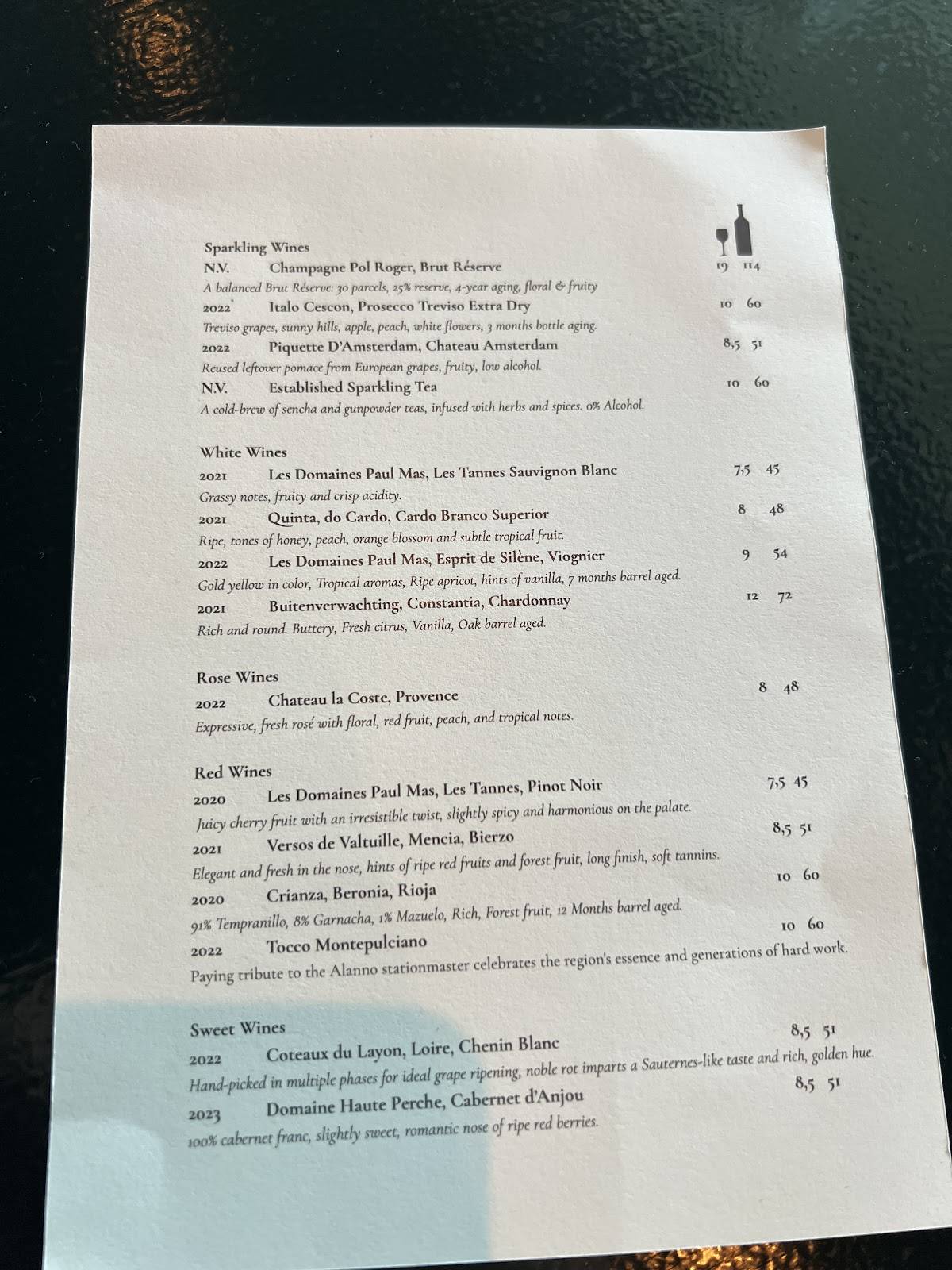 Menu at MOON, Amsterdam