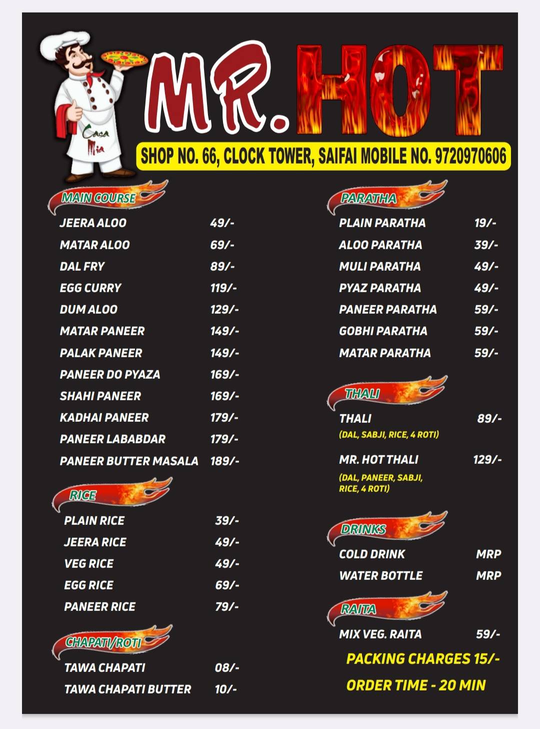 Menu at MR HOT, Saifai