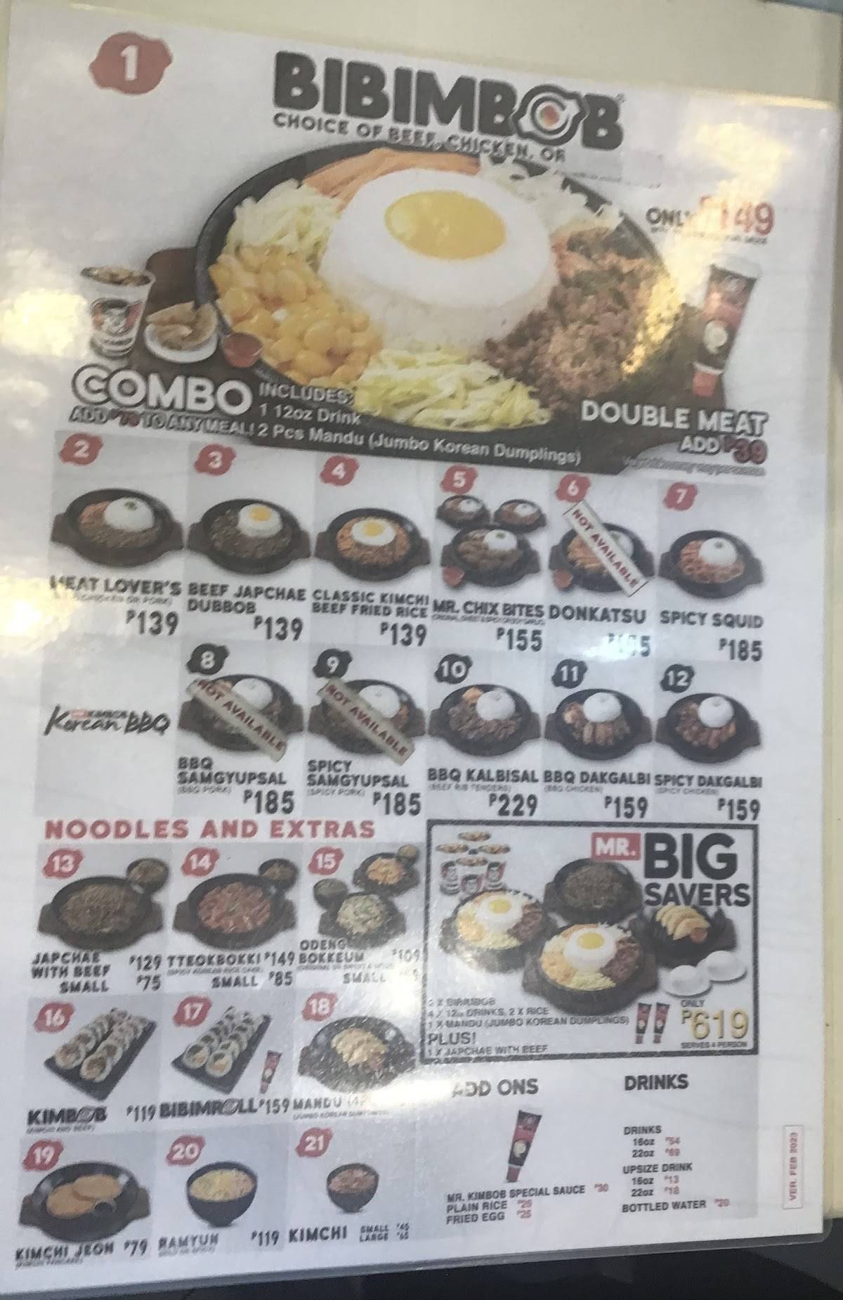 Menu at Mr. Kimbob restaurant, Bacolod