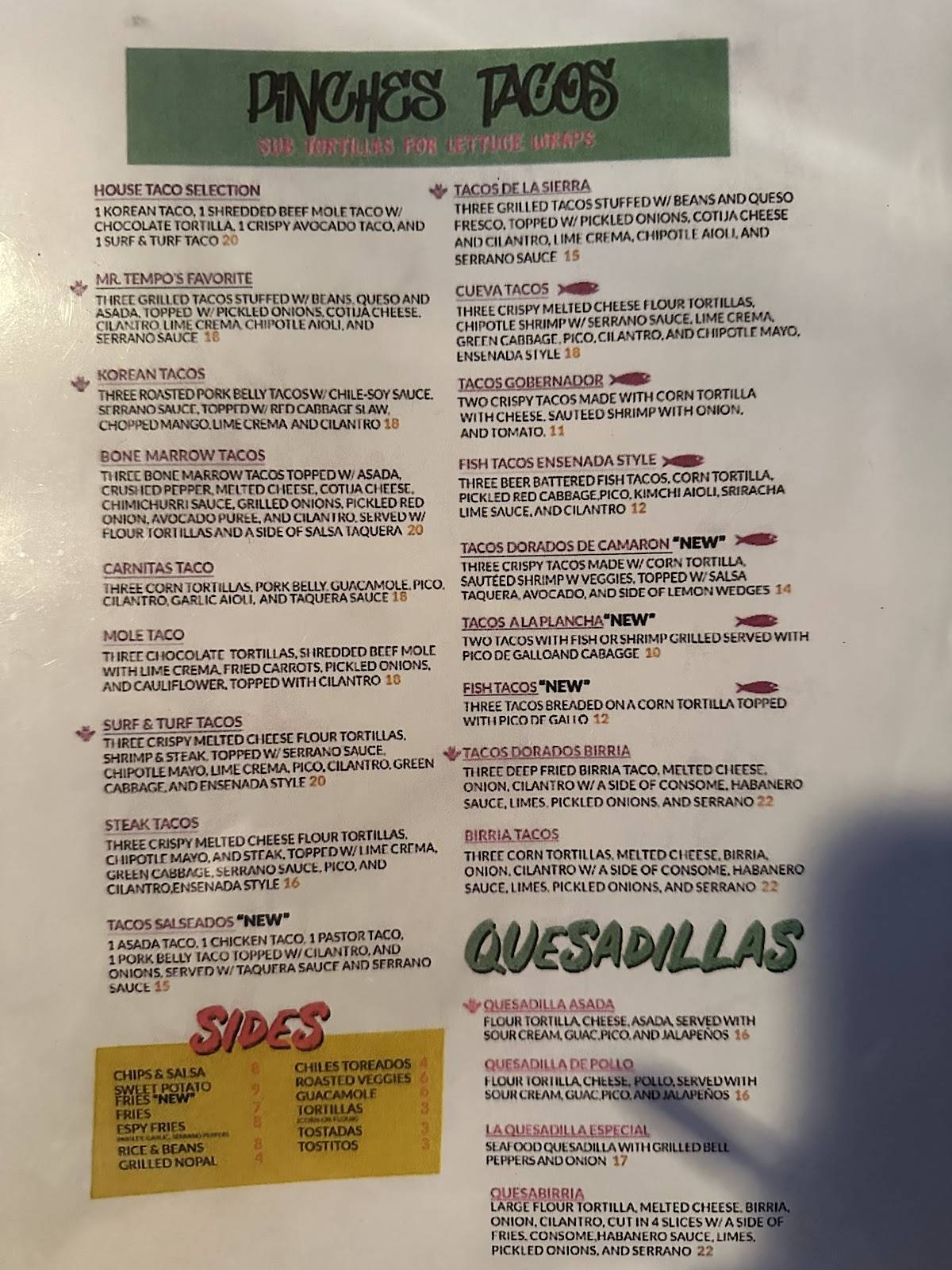Carta de MR. TEMPO Sports bar & Cantina, El Centro