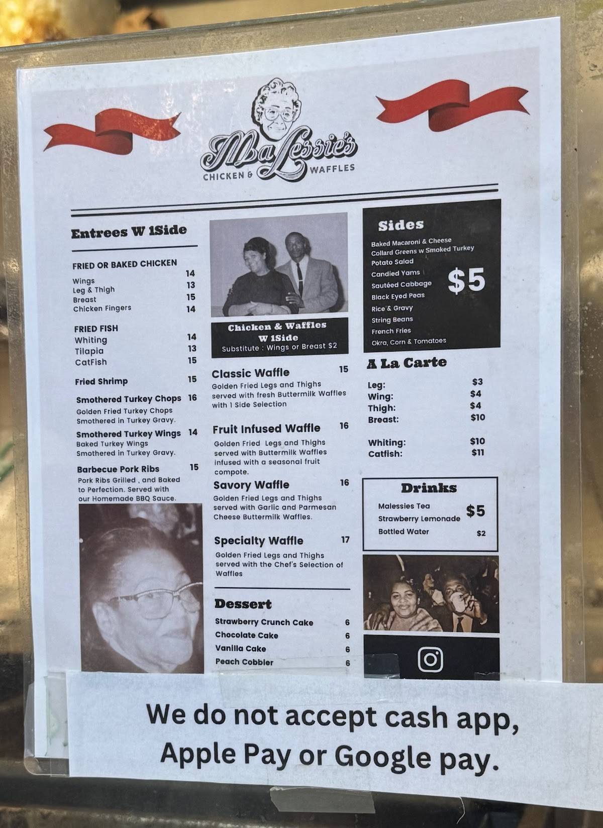 Menu at Ma Lessie's Chicken & Waffles restaurant, Philadelphia