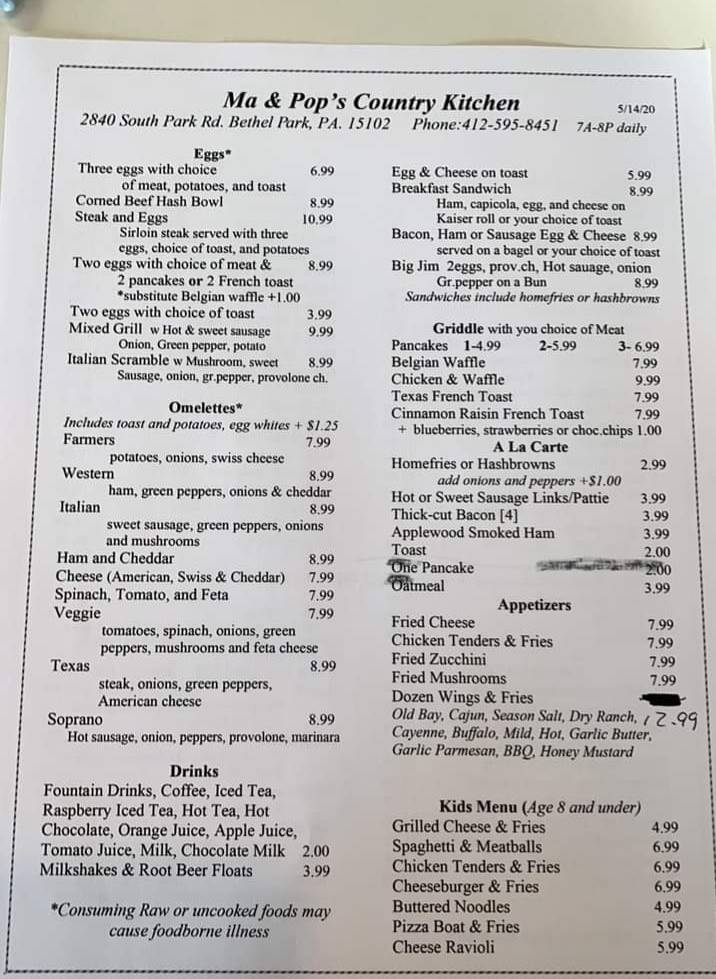 Menu at Ma and Pop's Country Kitchen restaurant, Bethel Park