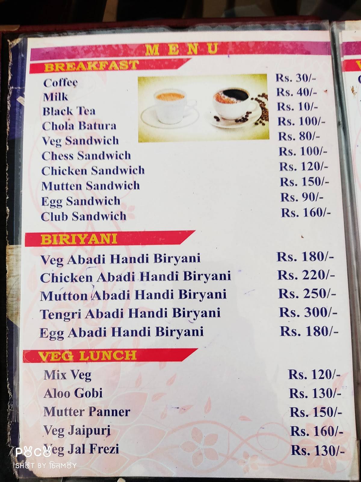 Menu at Maa Kali Biriyani House, India