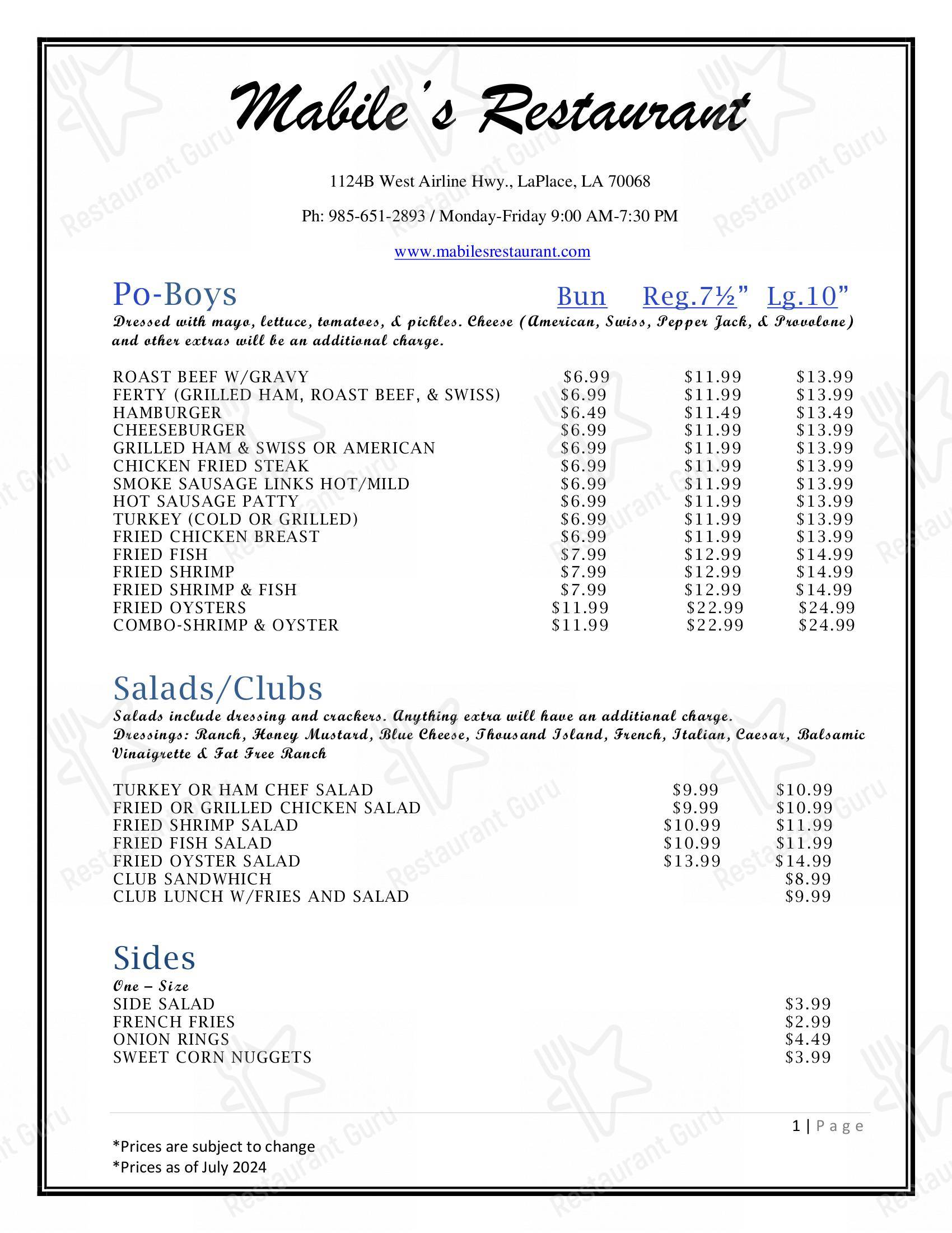 Menu at Mabile's Restaurant, LaPlace