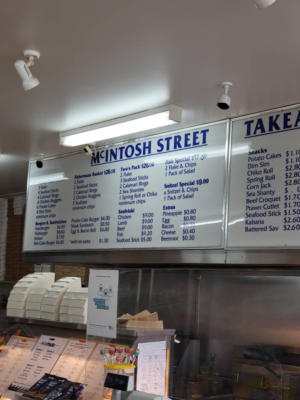 Menu at Macintosh Take Away fast food, Shepparton