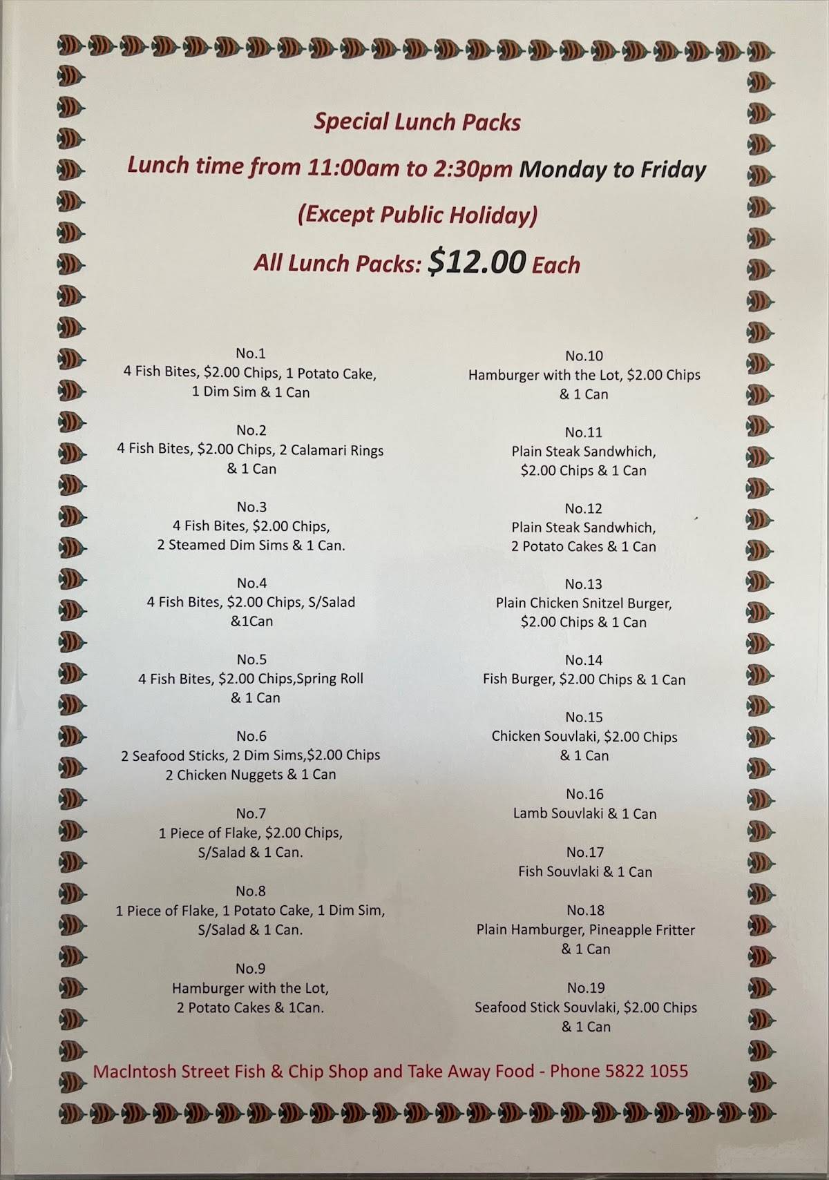 Menu at Macintosh Take Away fast food, Shepparton