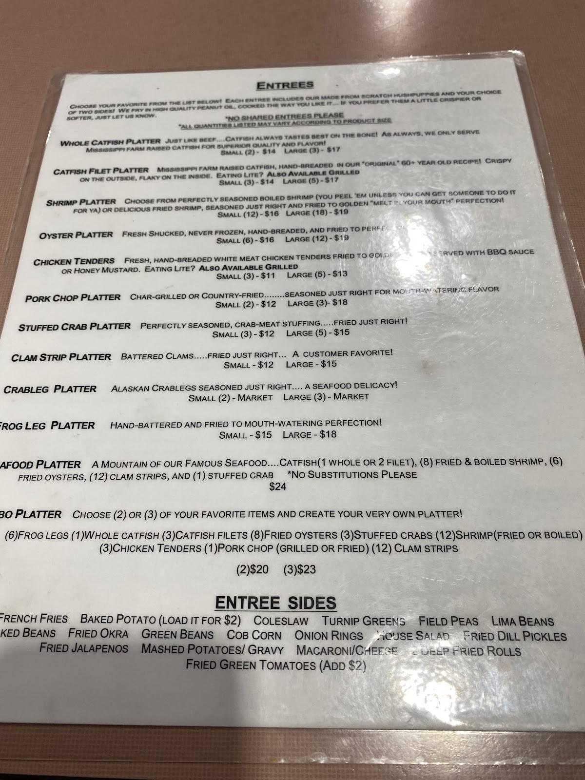 Menu at Mack's On the River restaurant, Hattiesburg