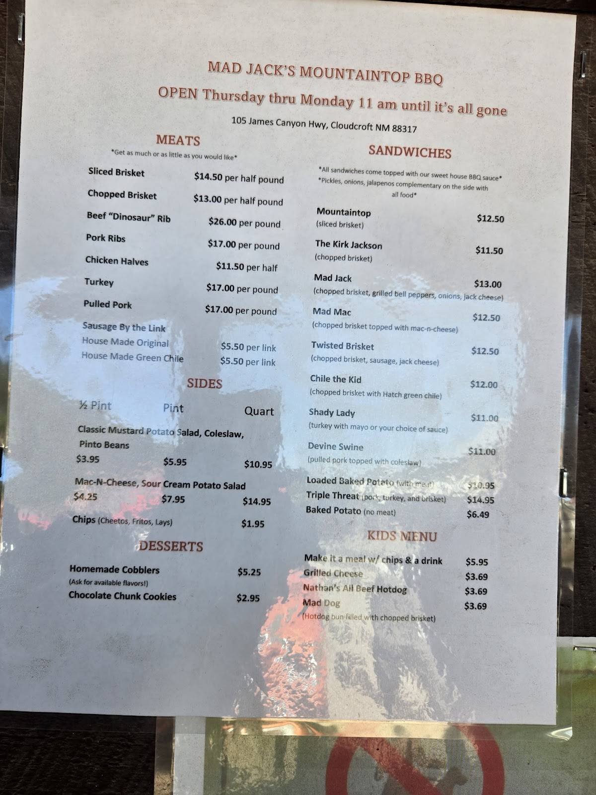 Menu at Mad Jack's Mountaintop Barbecue, Cloudcroft
