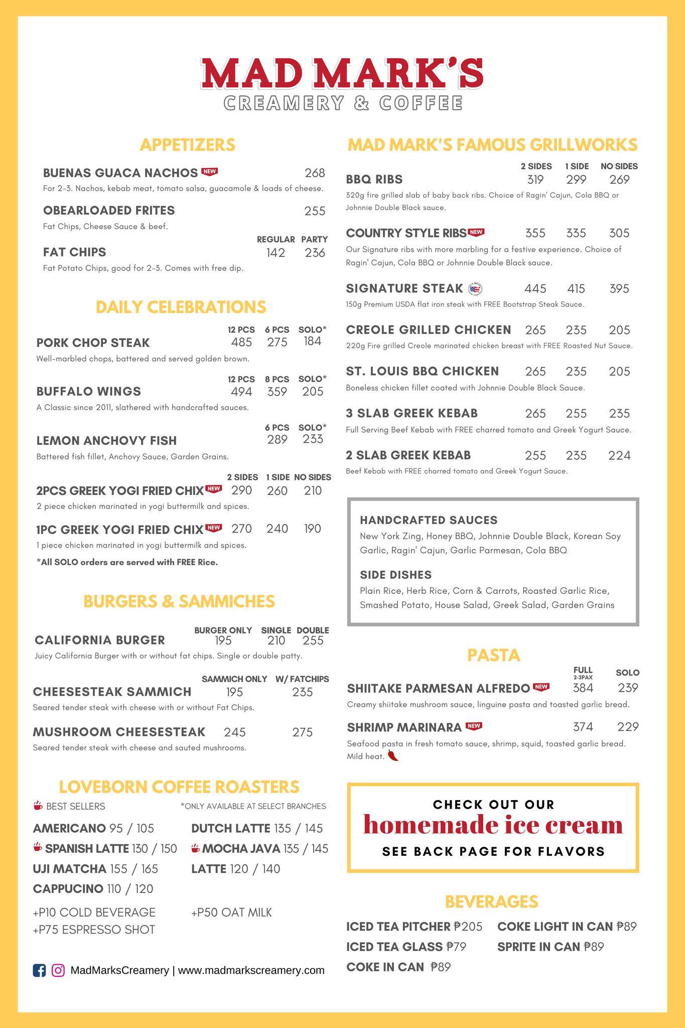 Menu at Mad Mark's Creamery and Coffee desserts, Makati