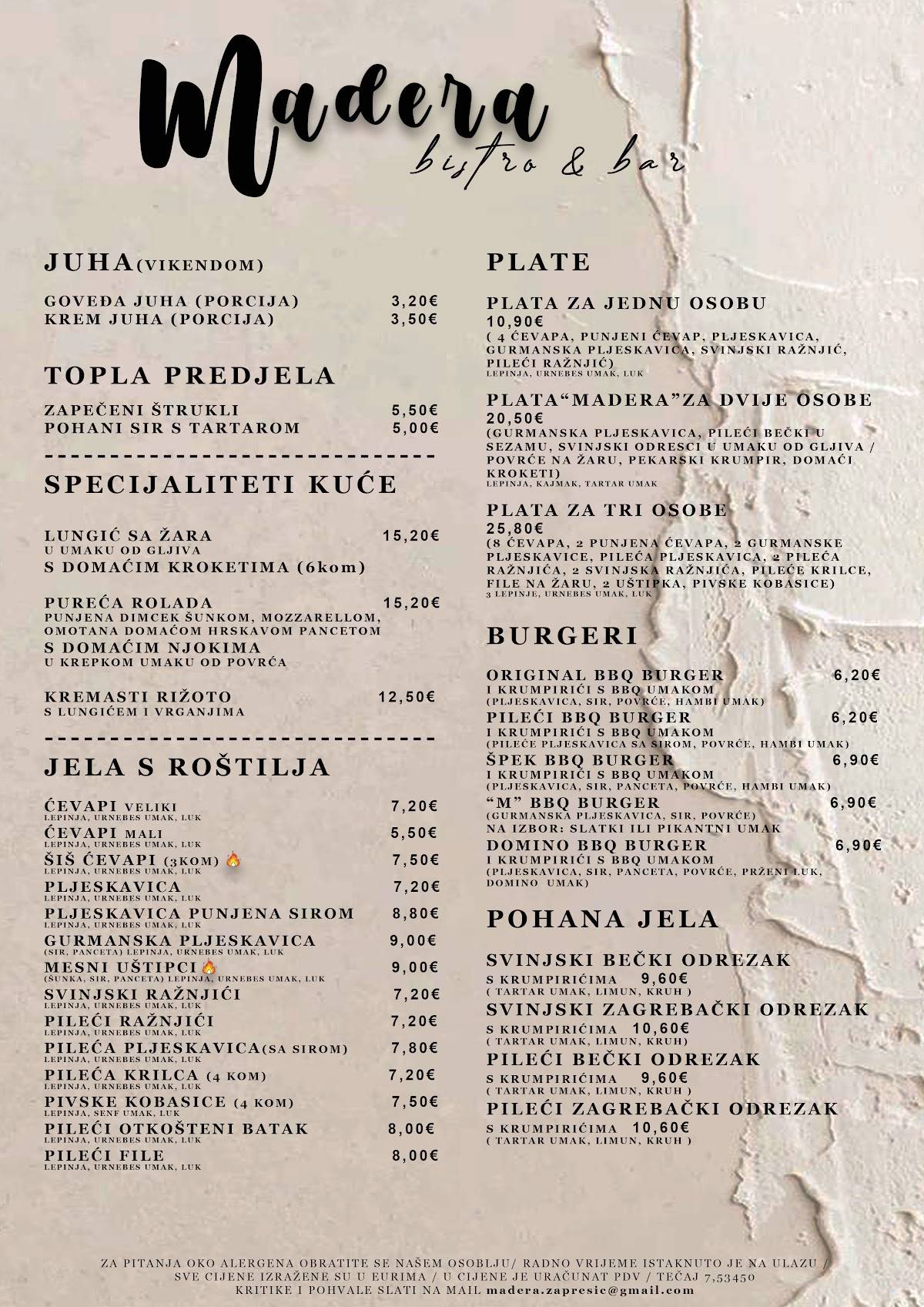 Menu at Madera restaurant, Zaprešić