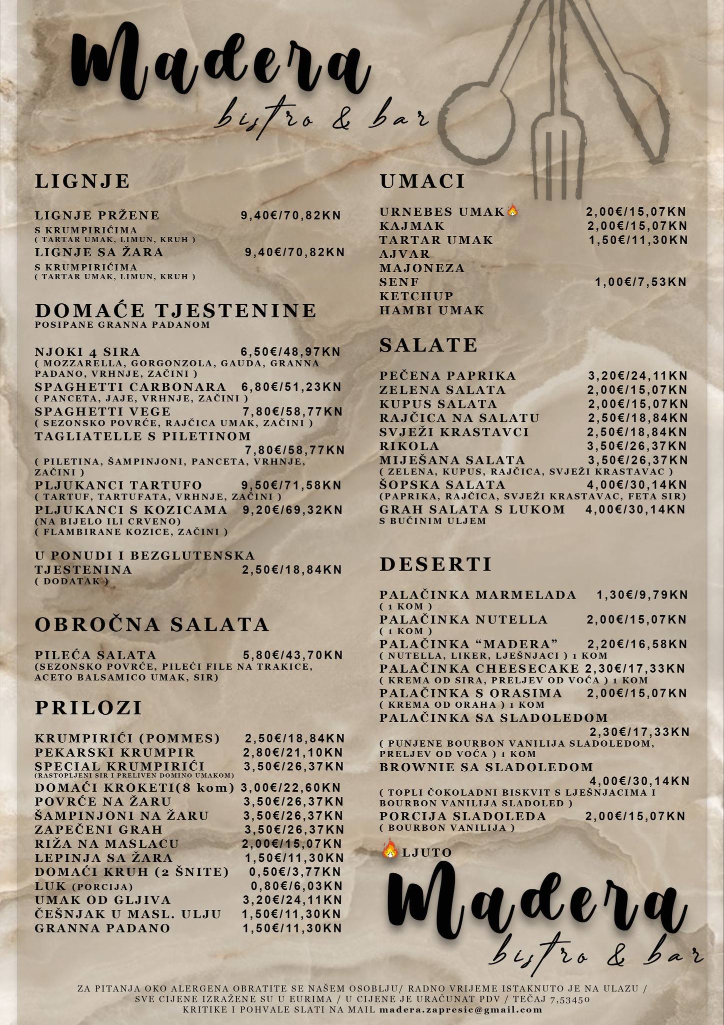 Menu at Madera restaurant, Zaprešić