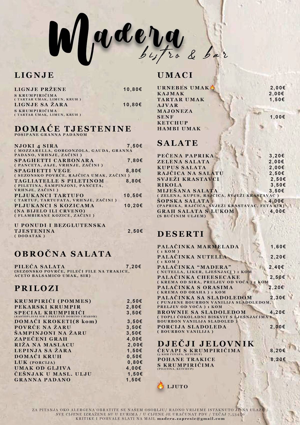 Menu at Madera restaurant, Zaprešić