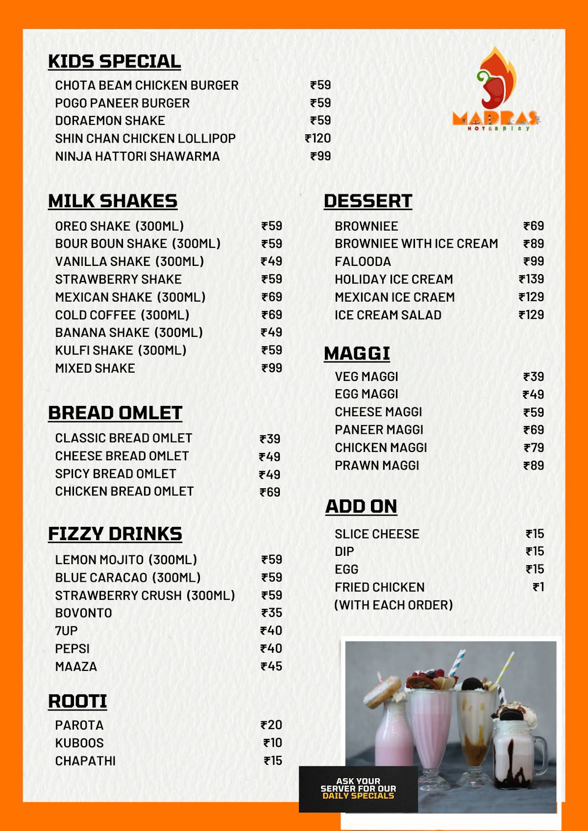 Menu at Madras Hot & Spicy, Chennai