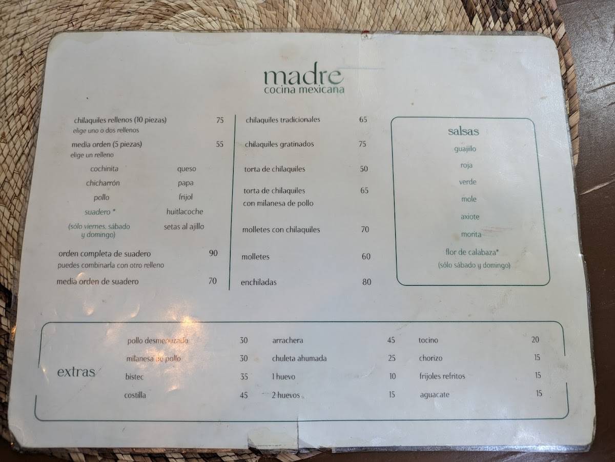 Menu at Madre cocina mexicana restaurant, Mexico City