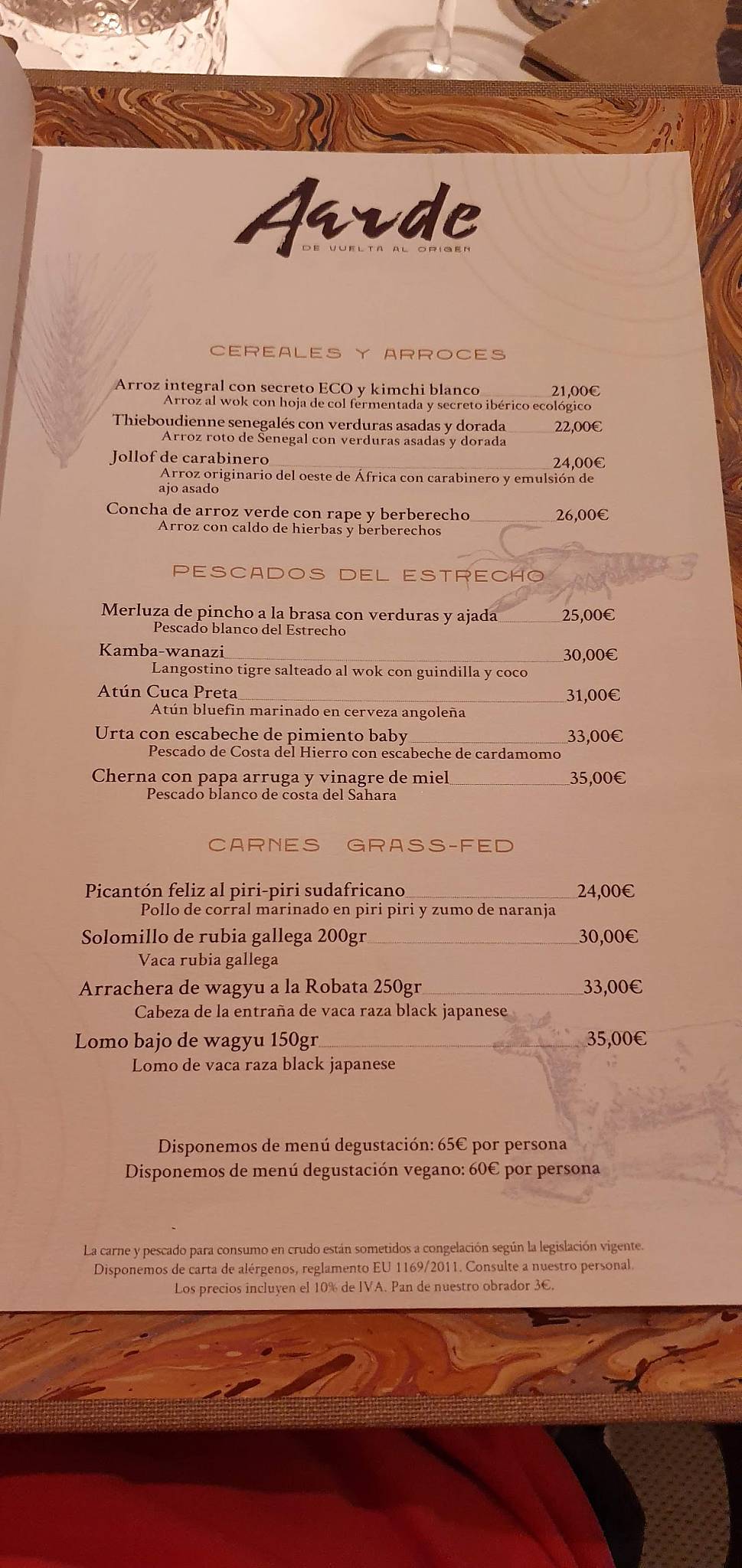 Menu at Aarde restaurant, Madrid