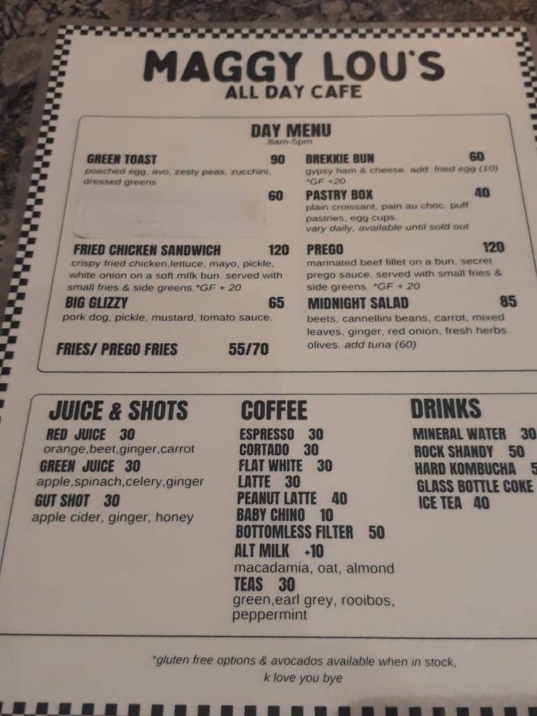 Menu at Maggy Lou's restaurant, Cape Town