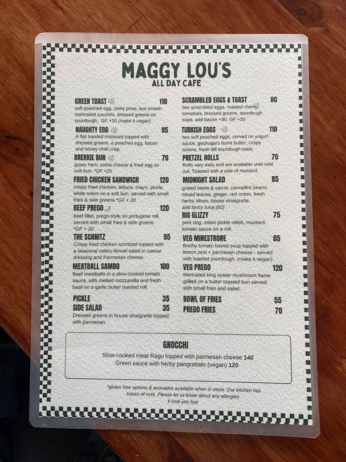Menu at Maggy Lou's restaurant, Cape Town