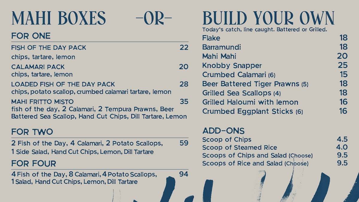 Menu at Mahi Mahi Fish & Chippery, Noosa Heads