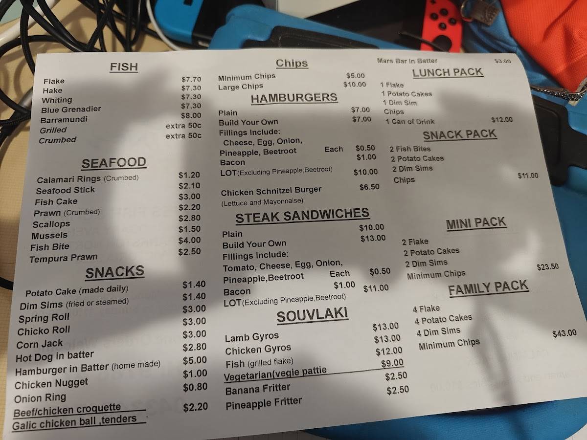 Menu at Mahogany Takeway Fish & Chip Shop fast food, Frankston North
