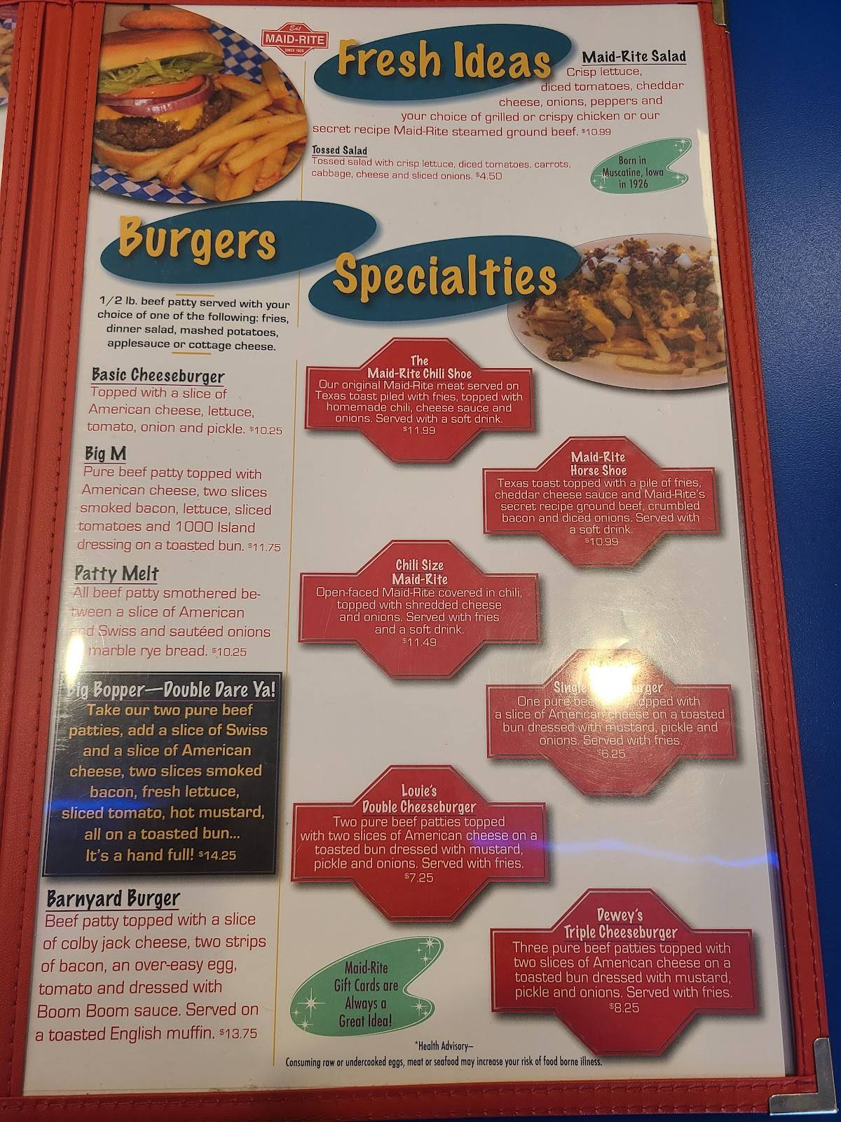 Menu at Maid-Rite restaurant, Davenport, N Division St