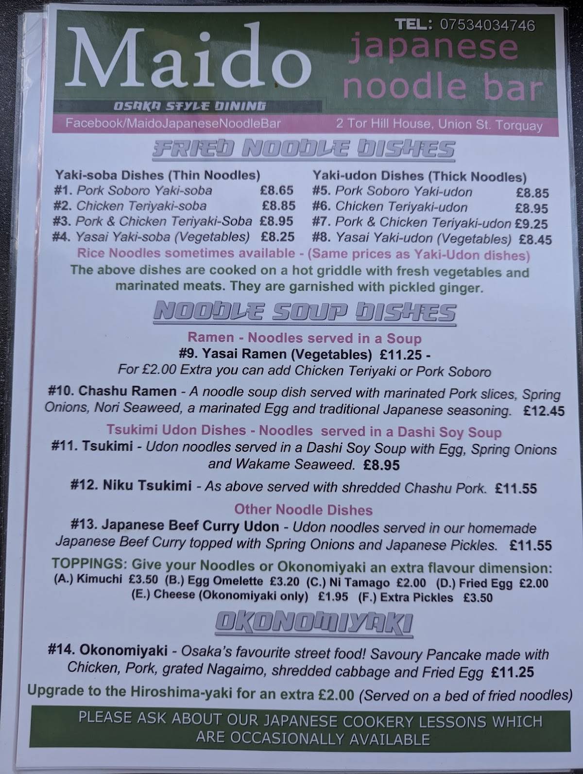 Menu at Maido Japanese Noodle bar, Torquay