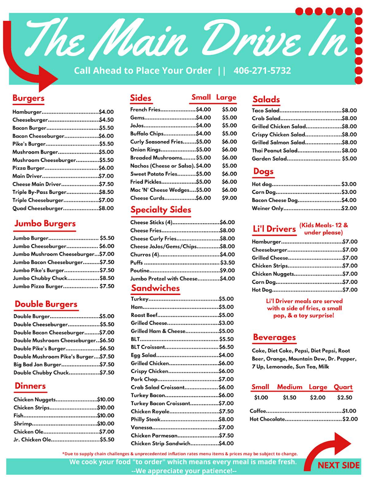 Menu at Main Drive In restaurant, Conrad