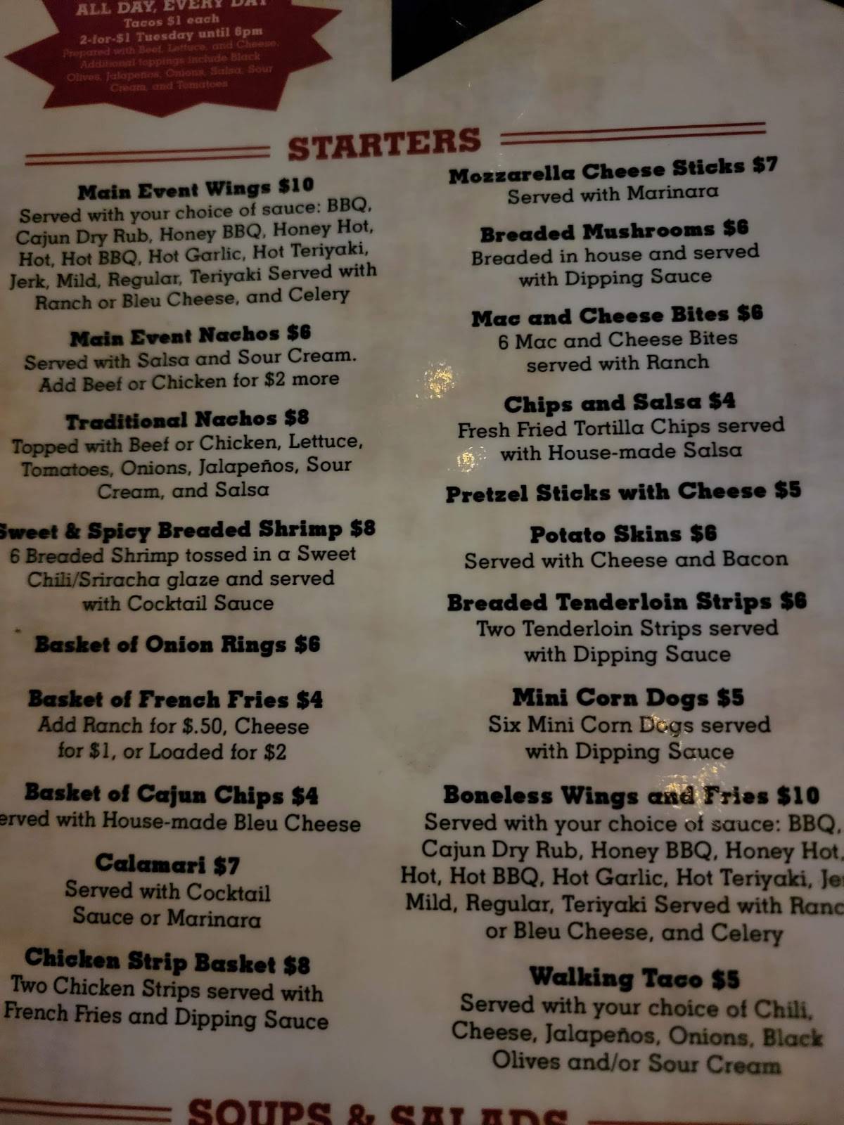 Menu at Main Event on 96th pub & bar, Fishers