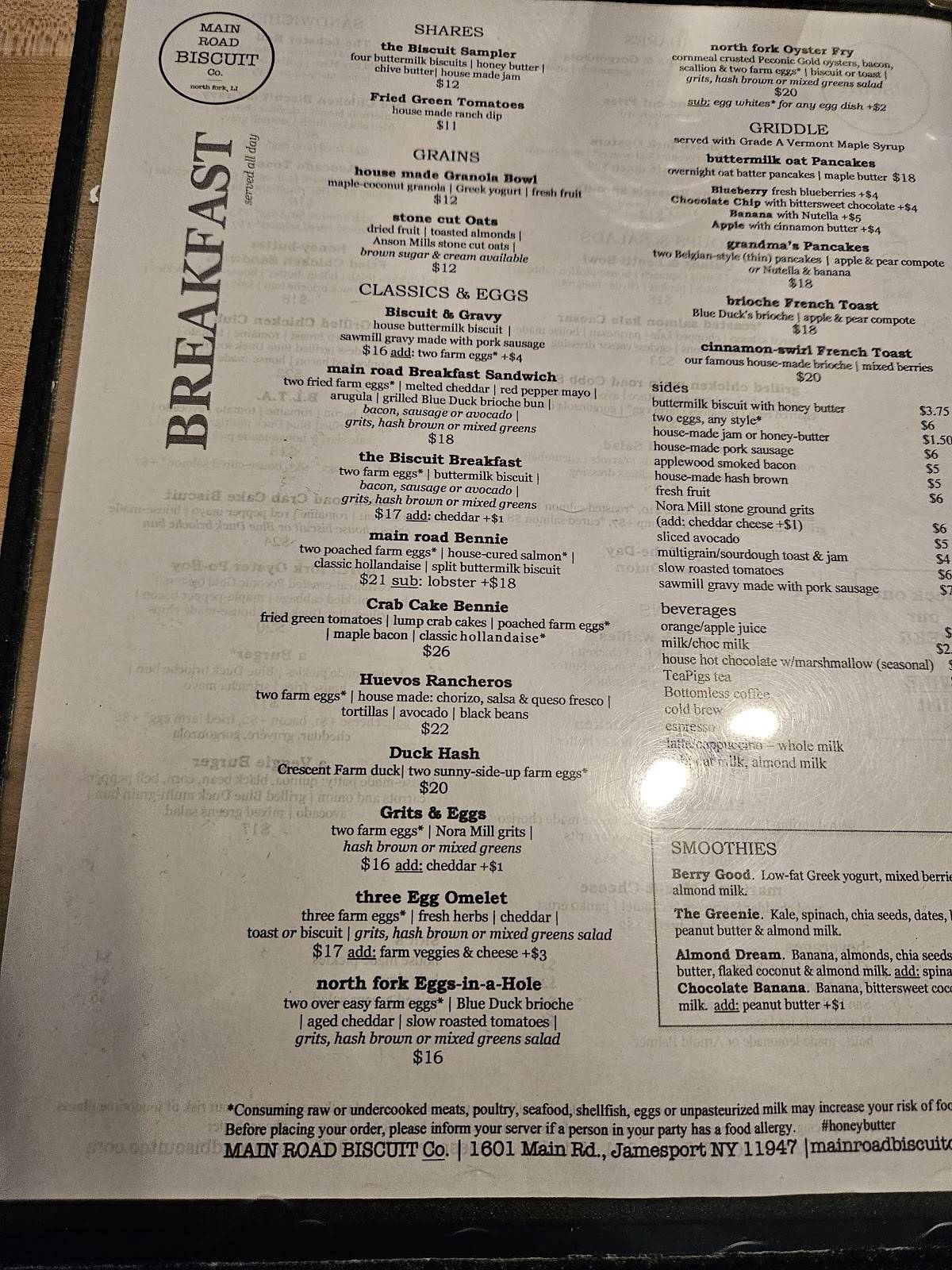 Menu at Main Road Biscuit Co. restaurant, Jamesport