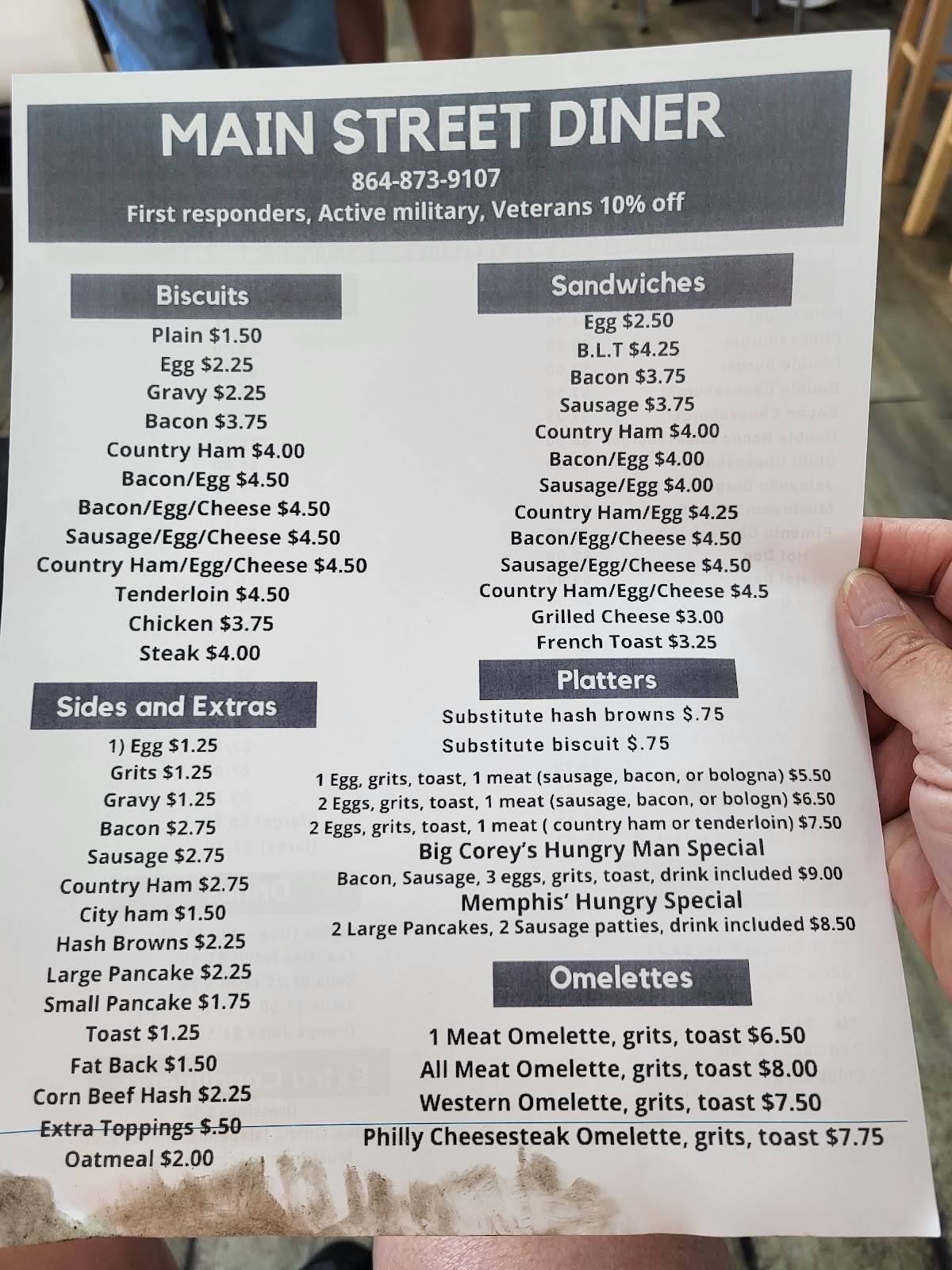 Menu at Main Street Diner restaurant, Seneca