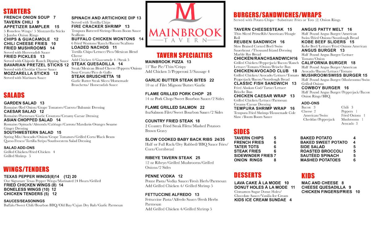 Menu at Mainbrook Tavern pub & bar, Englishtown