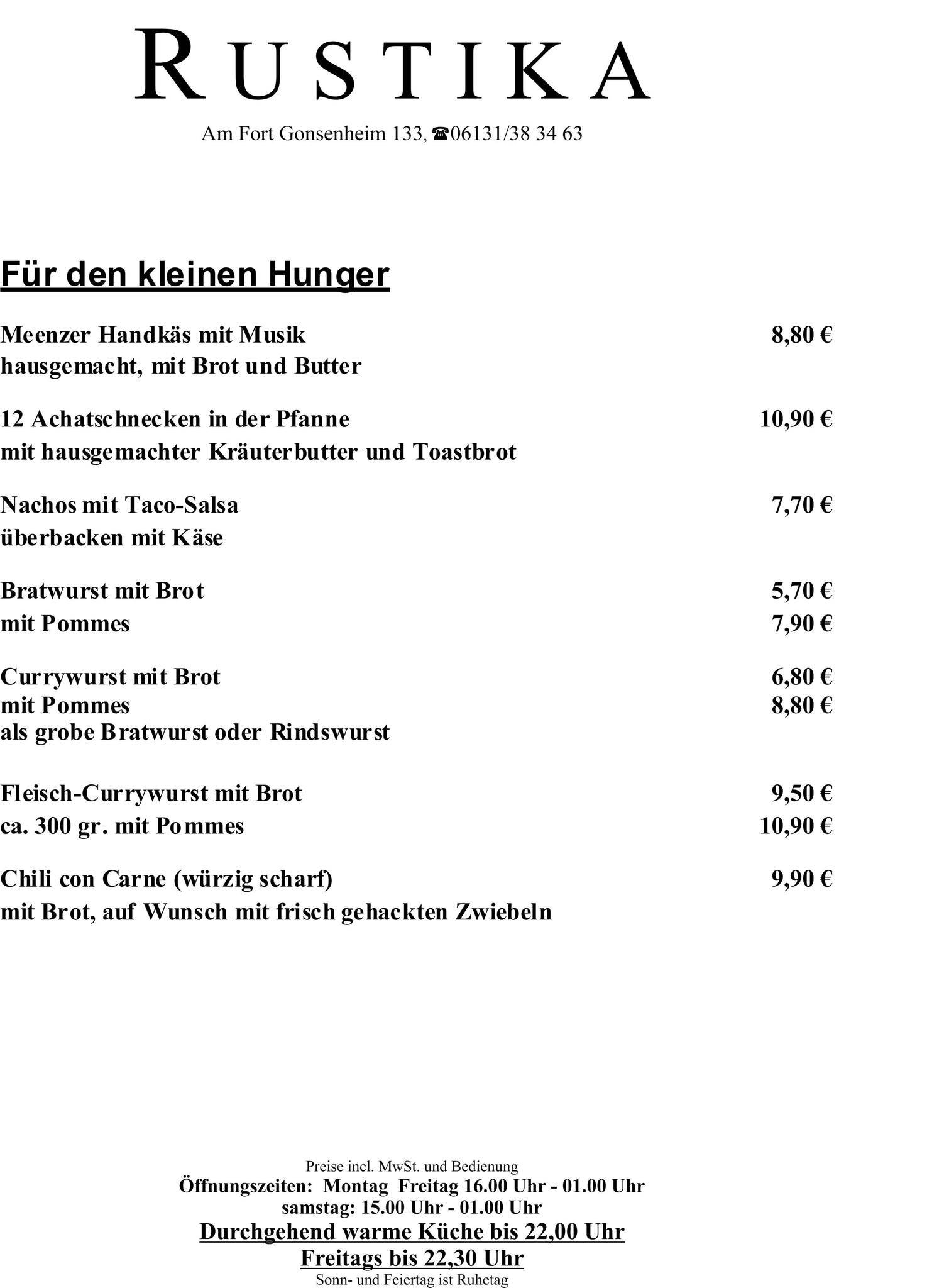 Speisekarte von Rustika restaurant, Mainz, Am Fort Gonsenheim 133