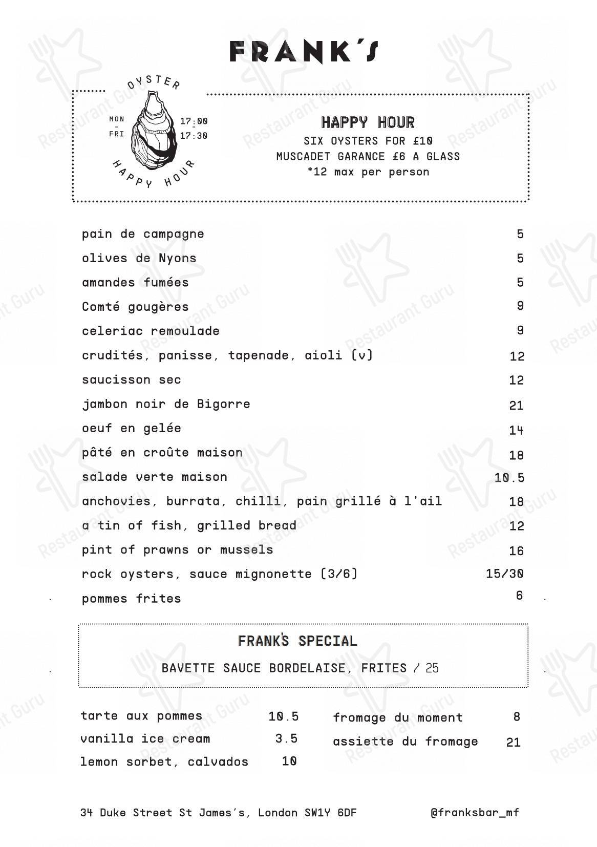 Menu at Maison François restaurant, London