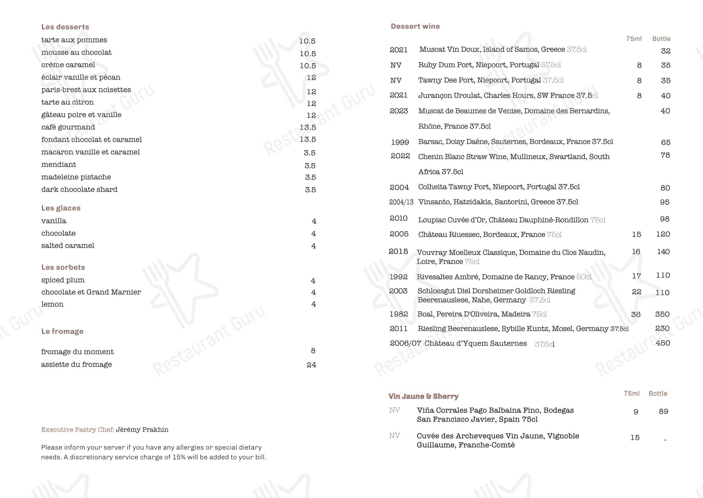 Menu at Maison François restaurant, London