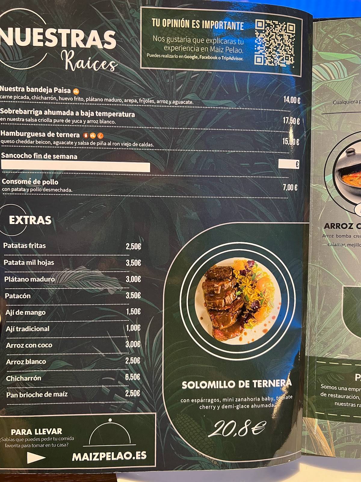 Carta del restaurante Maiz Pelao, Barcelona