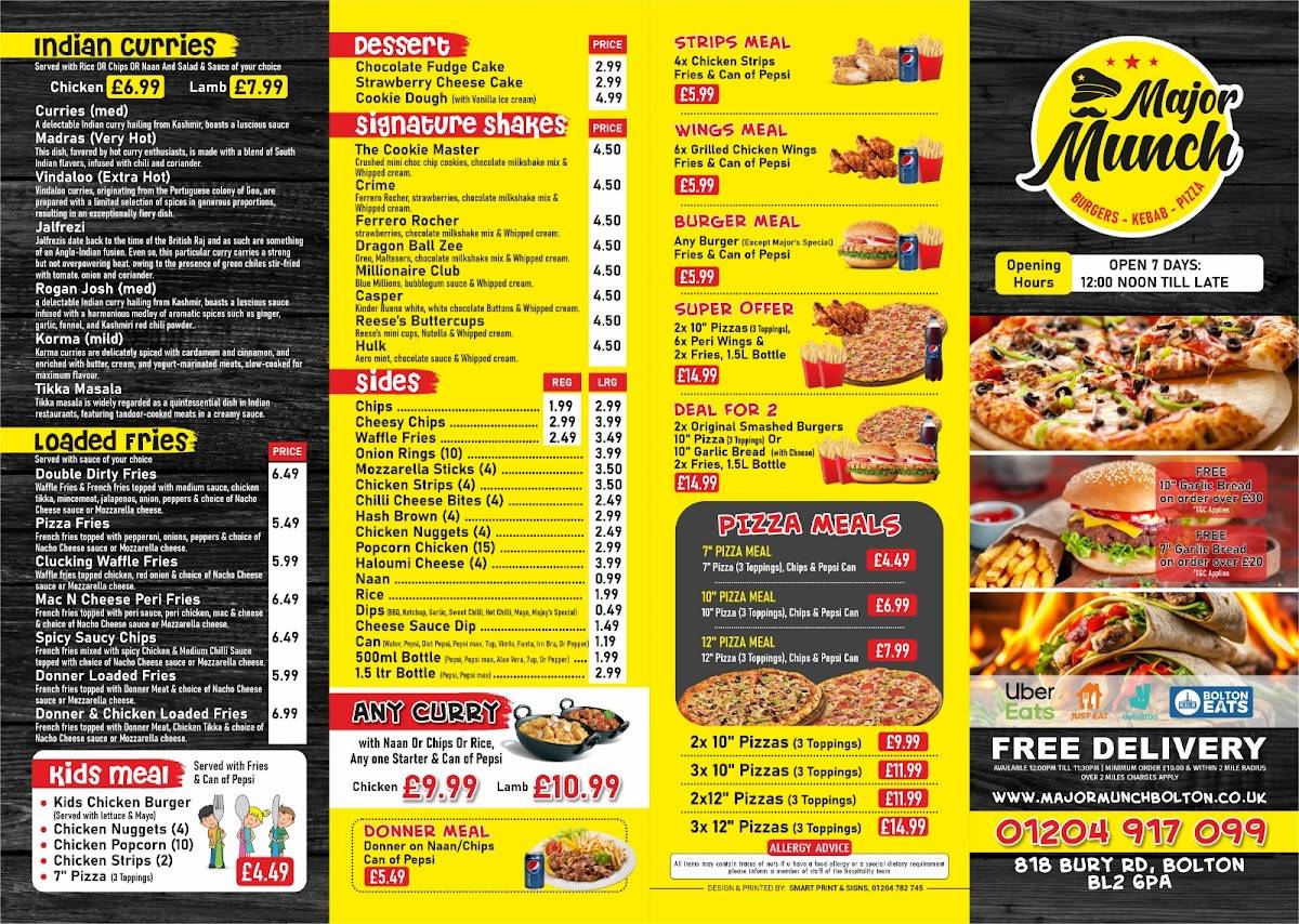 Menu at Major Munch, Bolton