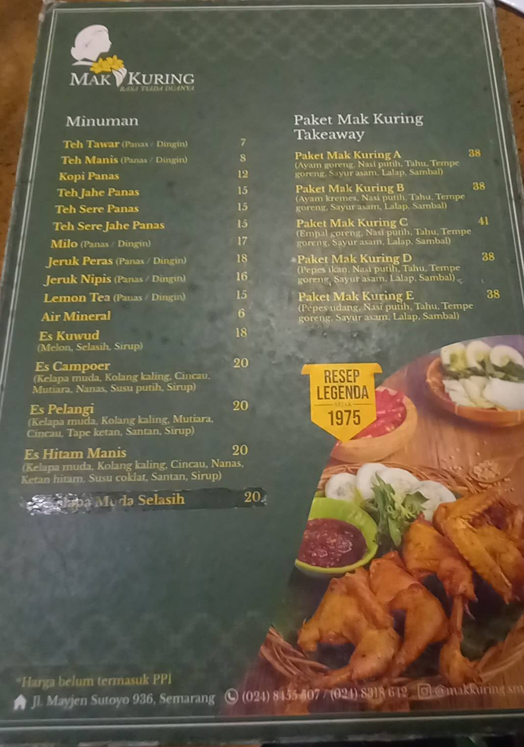 Menu at Mak Kuring Ayam Bebek Goreng Bumbu Hitam restaurant, Semarang