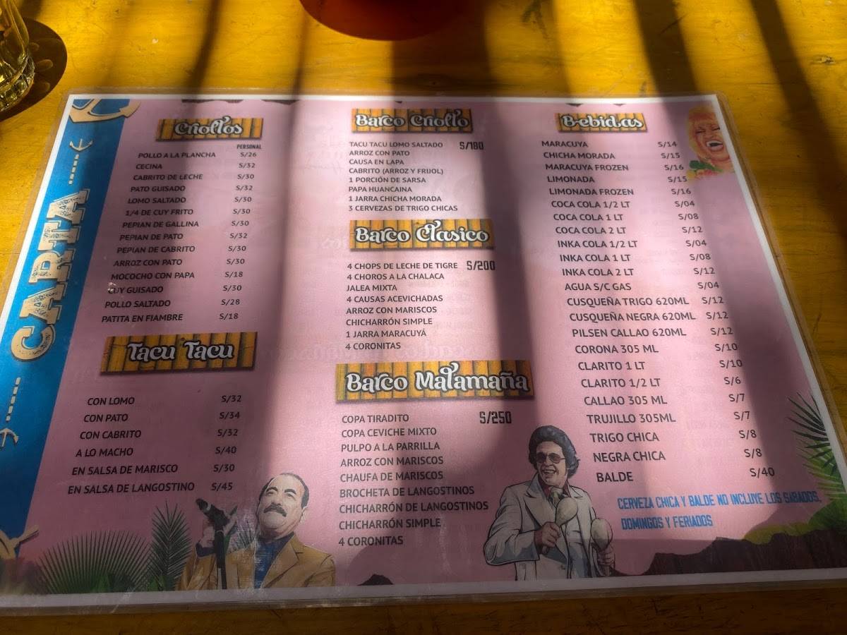 Carta del restaurante Mala Maña, Trujillo