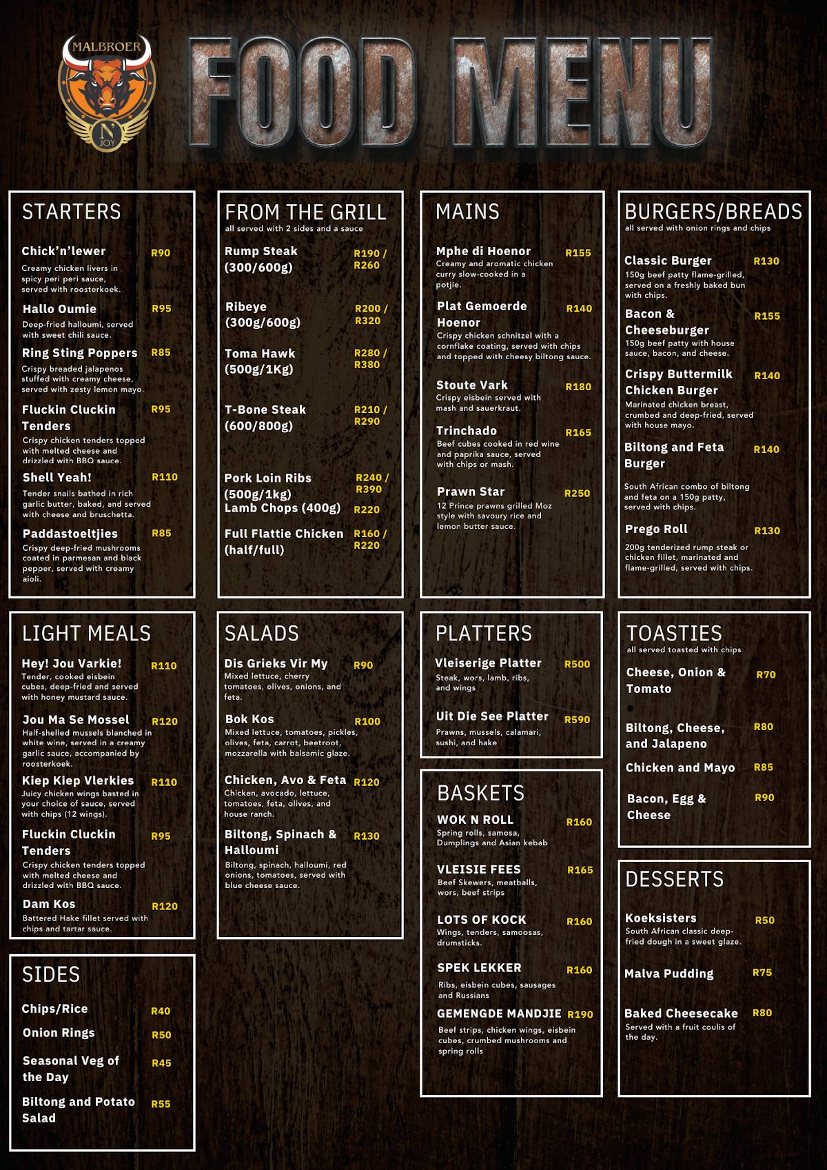 Menu at Malbroer pub & bar, Boksburg