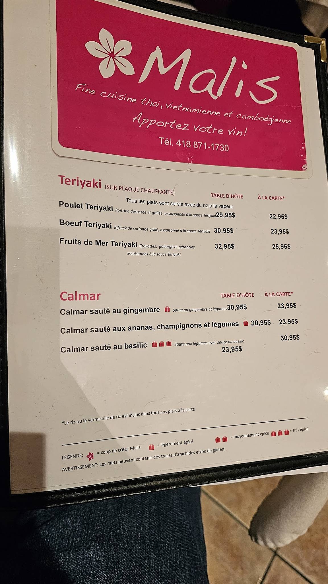 Menu au Malis Restaurant, Québec