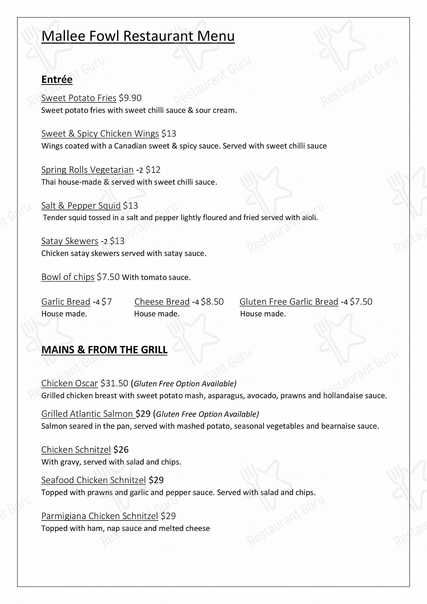 Menu at Mallee Fowl Restaurant, Berri, Sturt Hwy