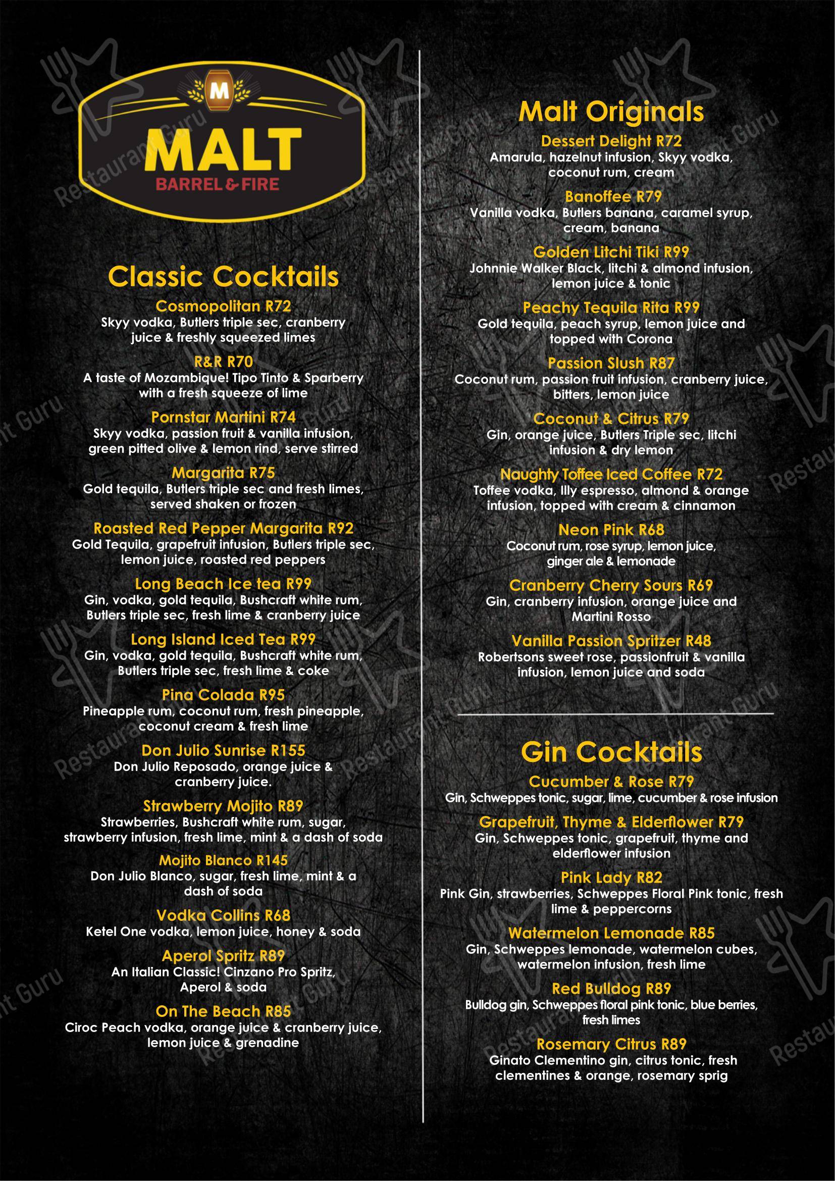 Menu at Malt Barrel and Fire, Pretoria