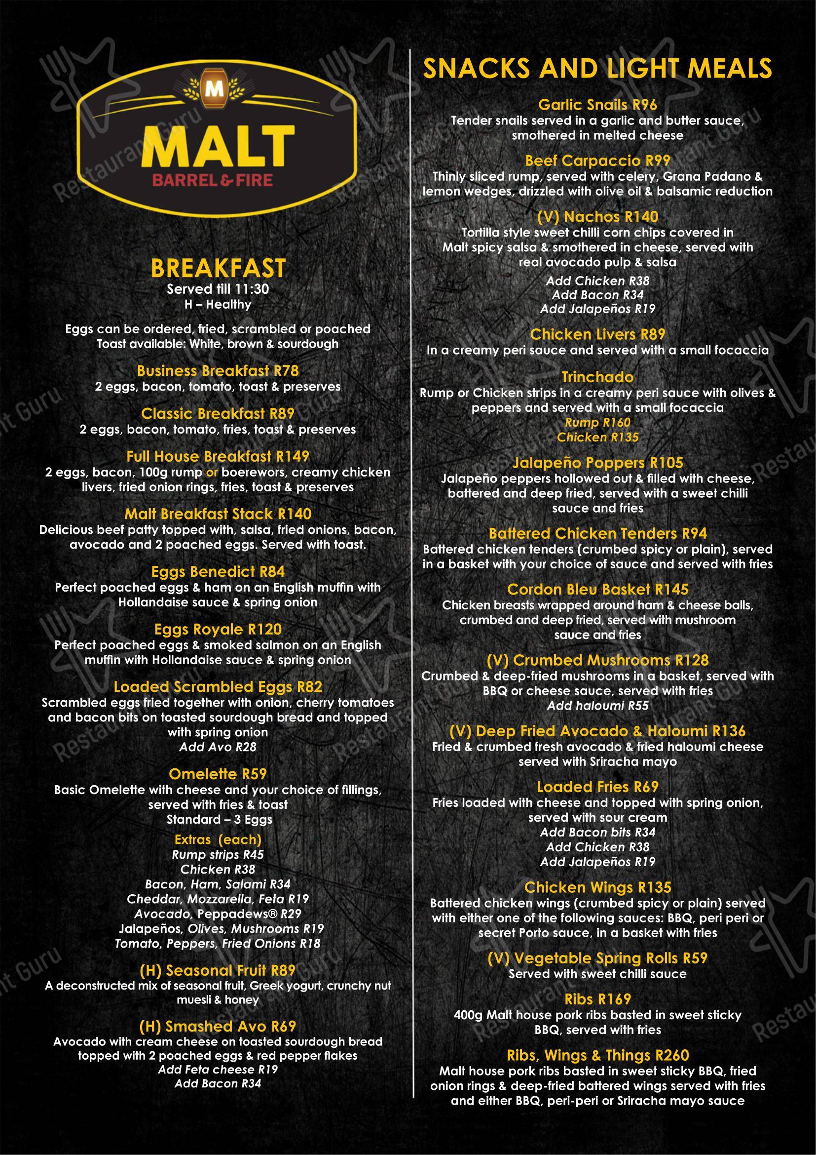 Menu at Malt Barrel and Fire, Pretoria