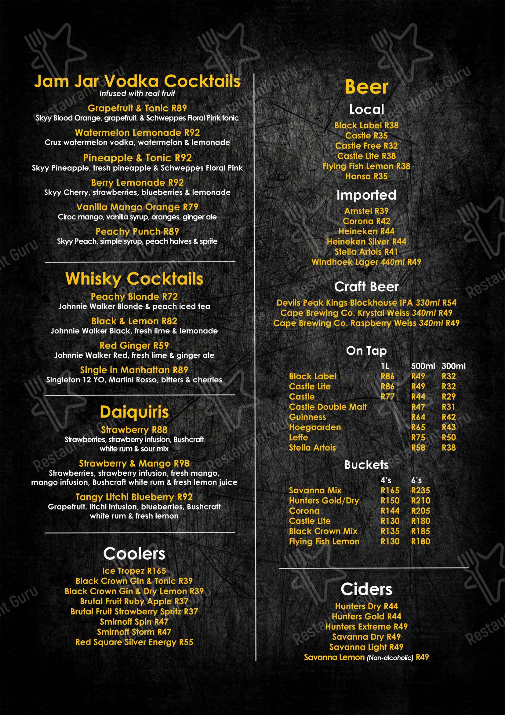 Menu at Malt Barrel and Fire, Pretoria