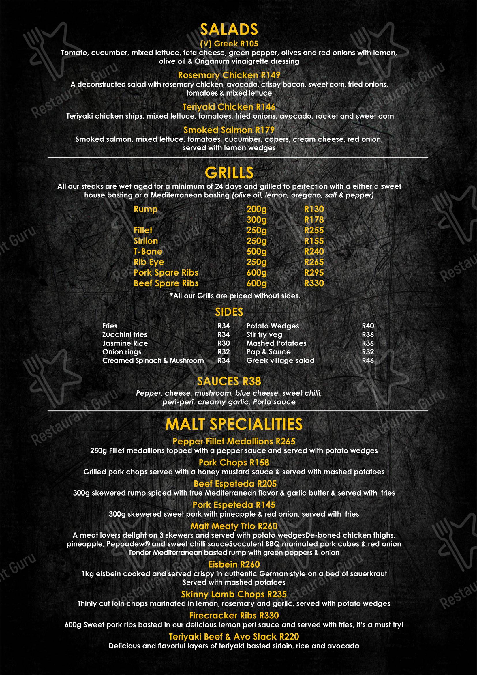 Menu at Malt Barrel and Fire, Pretoria