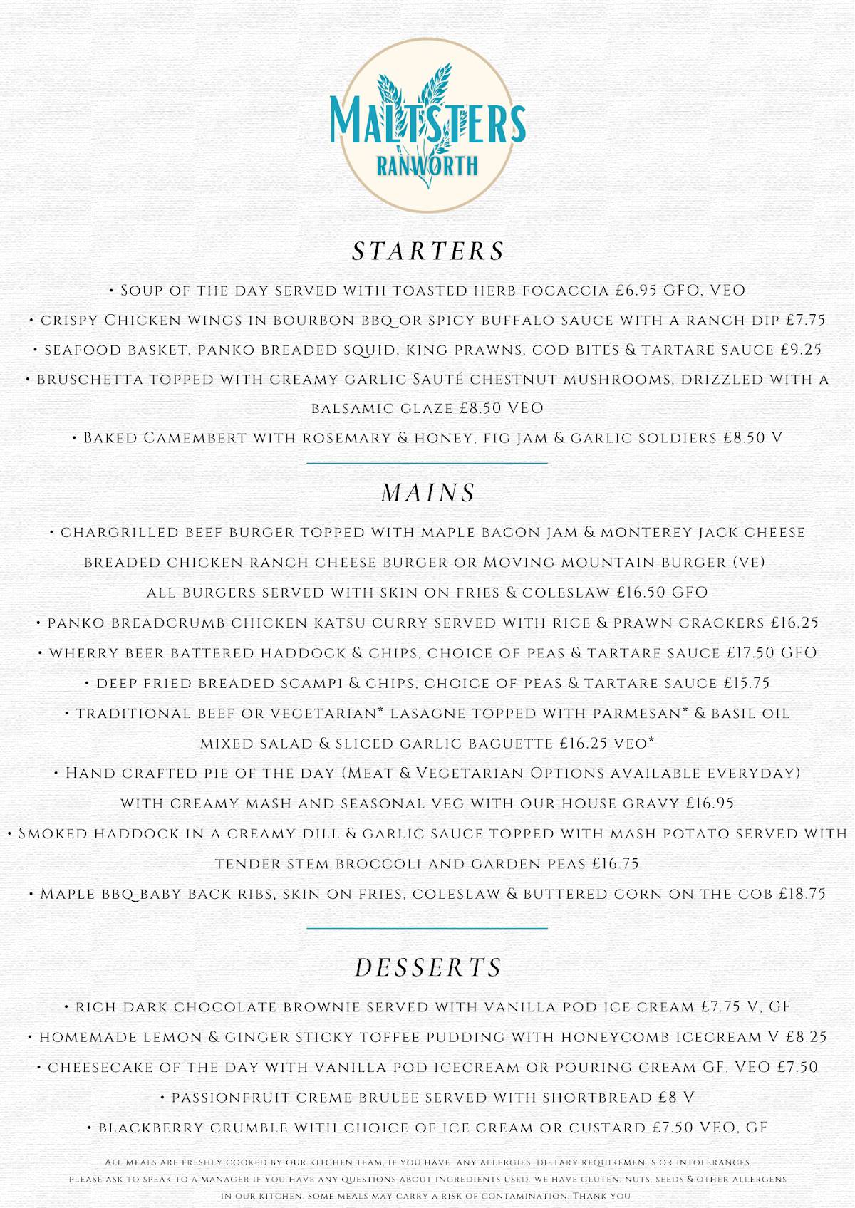 Menu at Maltsters Ranworth pub & bar, Ranworth