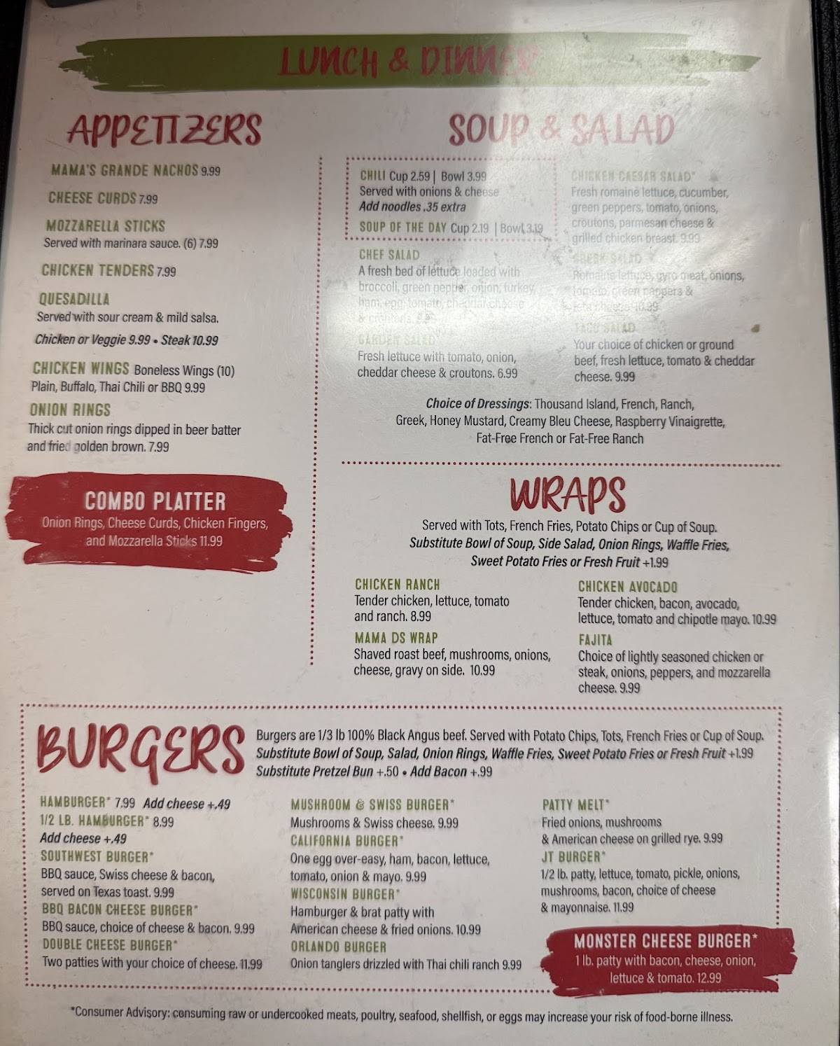Menu at Mama D’s Cafe, Freedom