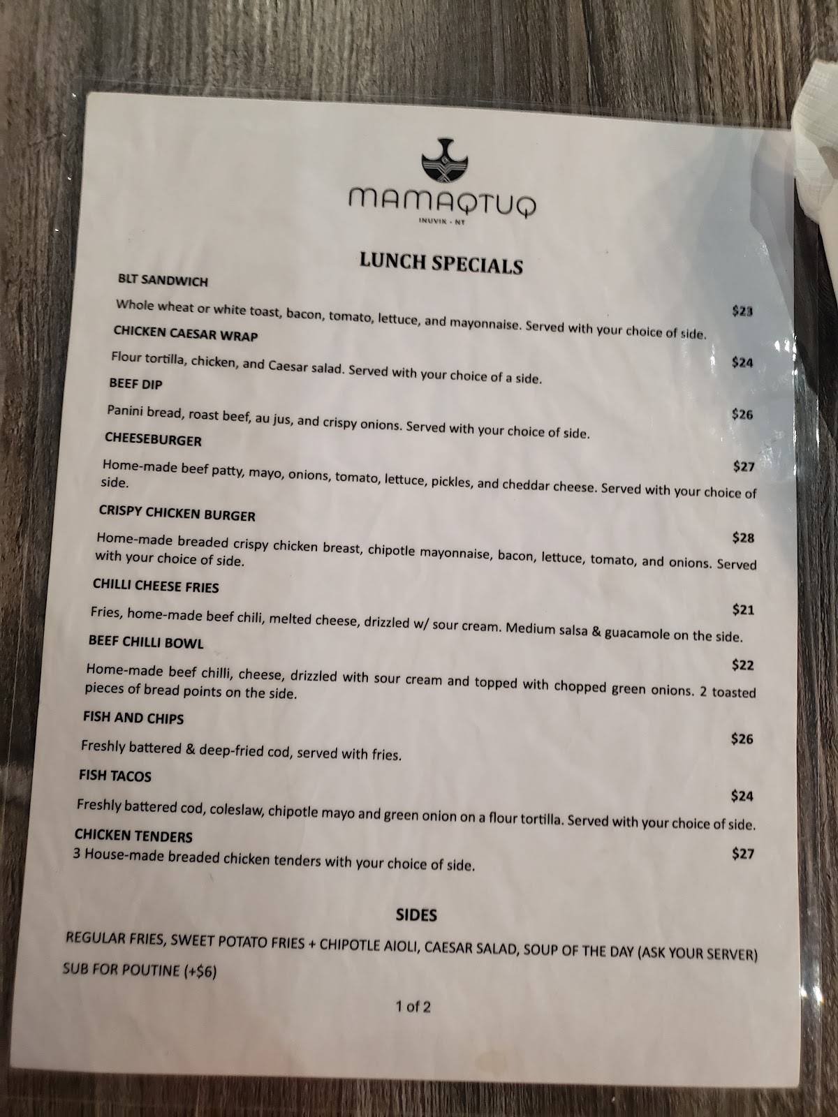 Menu at Mamaqtuq restaurant, Inuvik